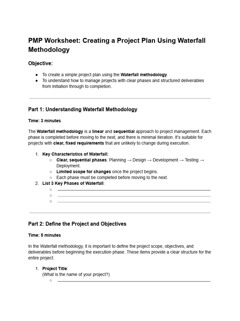 Waterfall Project Plan Worksheet | PDF | Software Development Process ...
