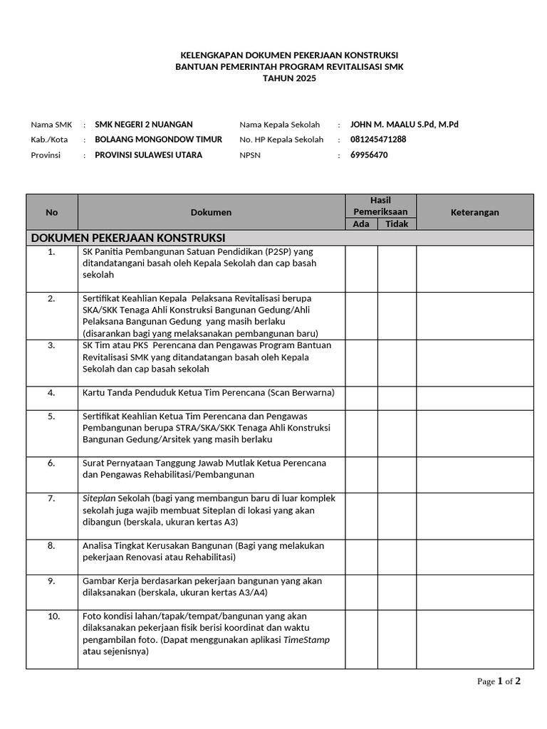 Ceklis Konstruksi Revitalisasi 2025 | PDF