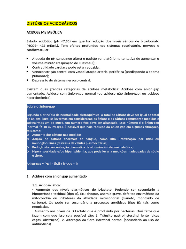 Distúrbios Acidobásicos: Acidose e Alcalose | PDF | Medicina Intensiva