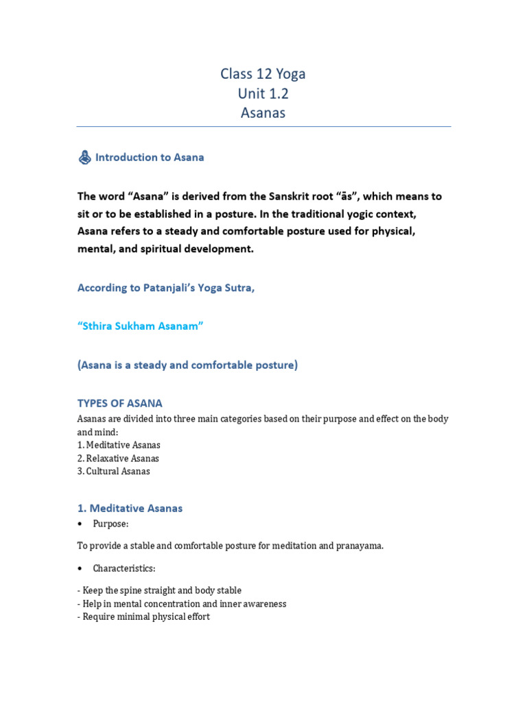 Class 12 Yoga Types of Asanas | PDF | Asana | Yoga