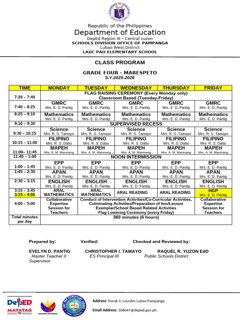 Grade 4 Class Program S. Y. 2025 2026 | PDF | Government Related ...