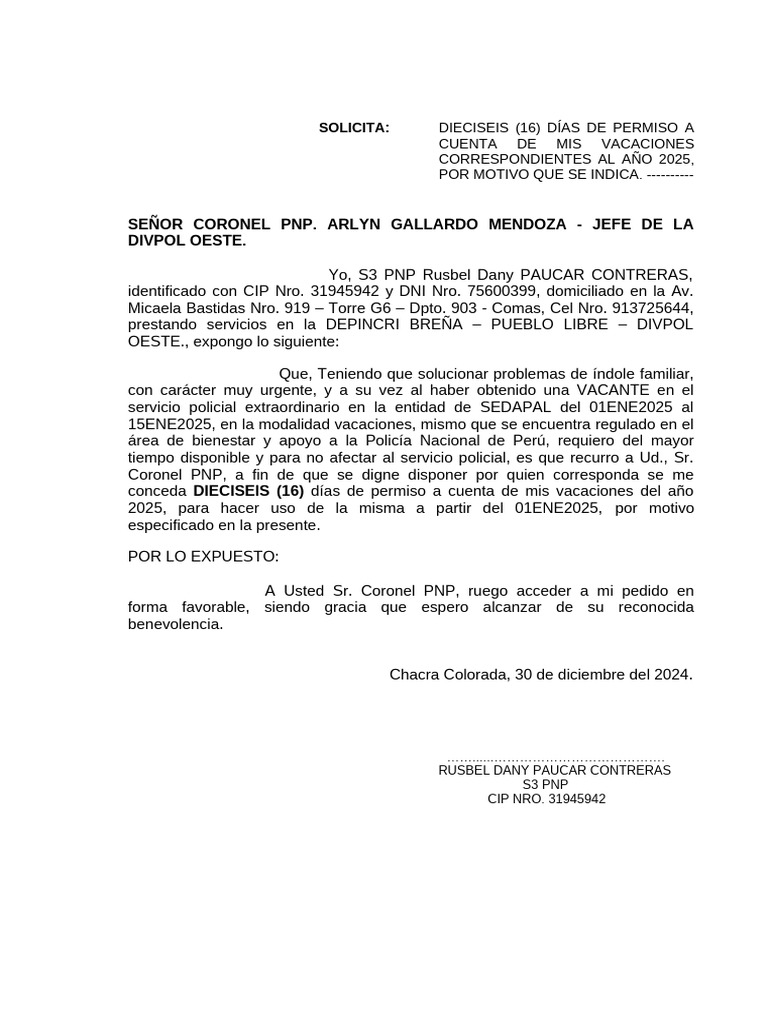Solicitudes de Permiso y Vacaciones PNP | PDF
