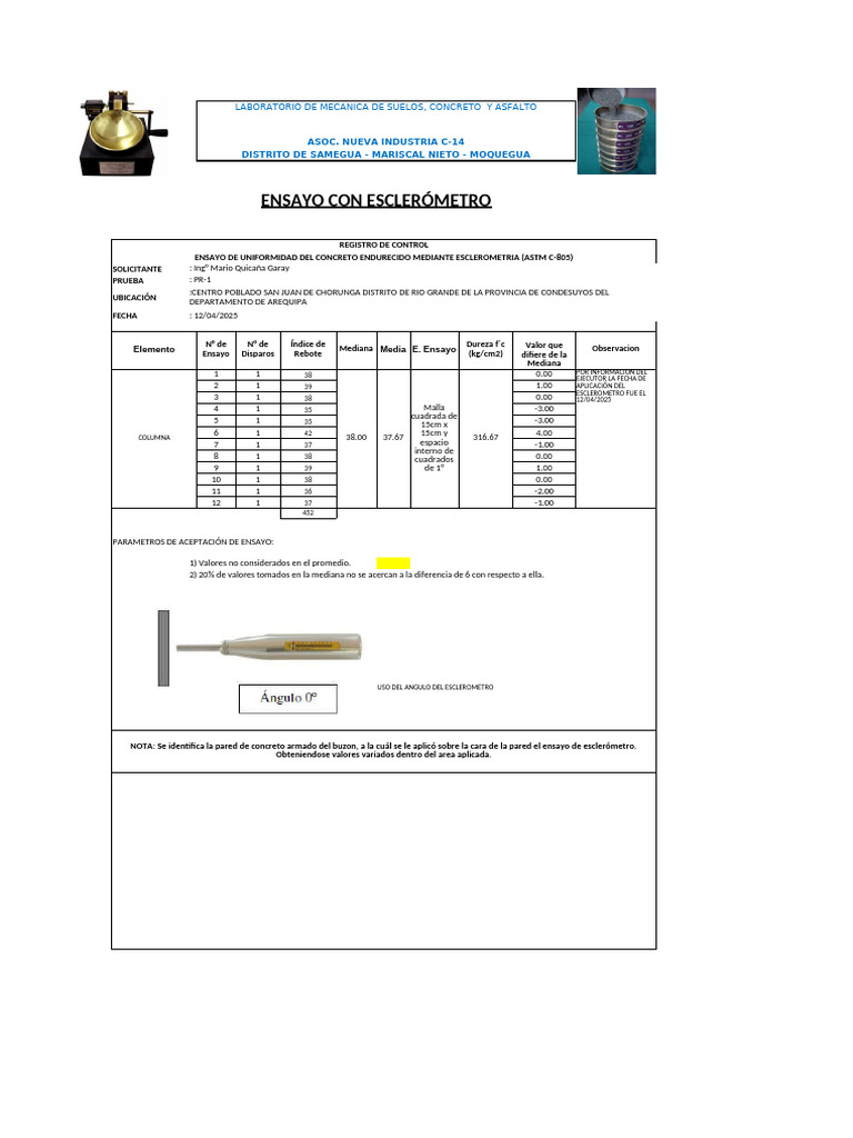Excel Esclerometro 01 10 | PDF | Hormigón | Ingeniería de Edificación