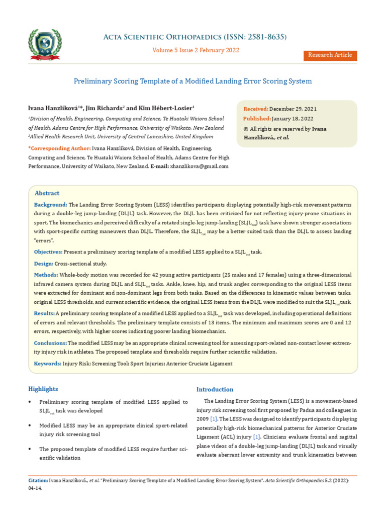 Modified LESS Scoring Template for SLJLrot | PDF | Anatomical Terms Of ...
