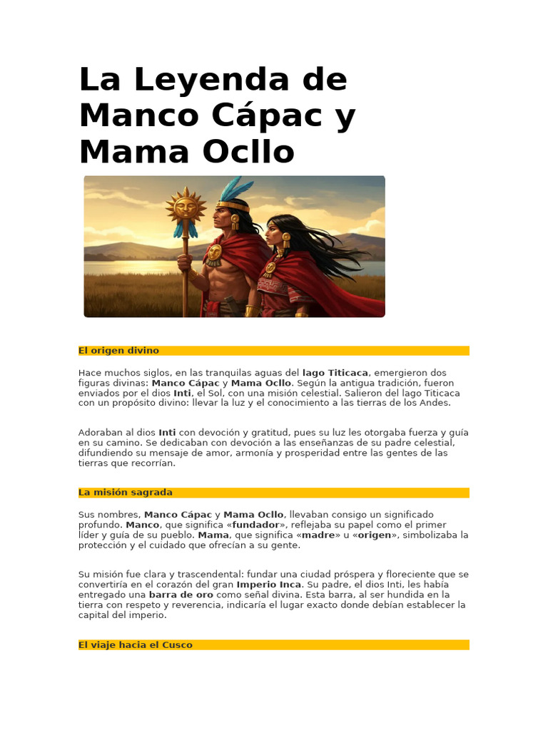 La Leyenda de Manco Cápac y Mama Ocllo | PDF | Imperio Inca