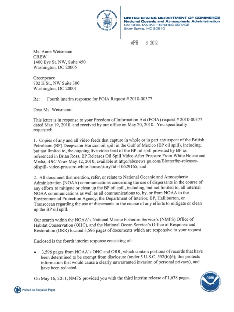 CREW: NOAA: Regarding BP Oil Spill: 4/3/2012 - NOAA Response Letter ...