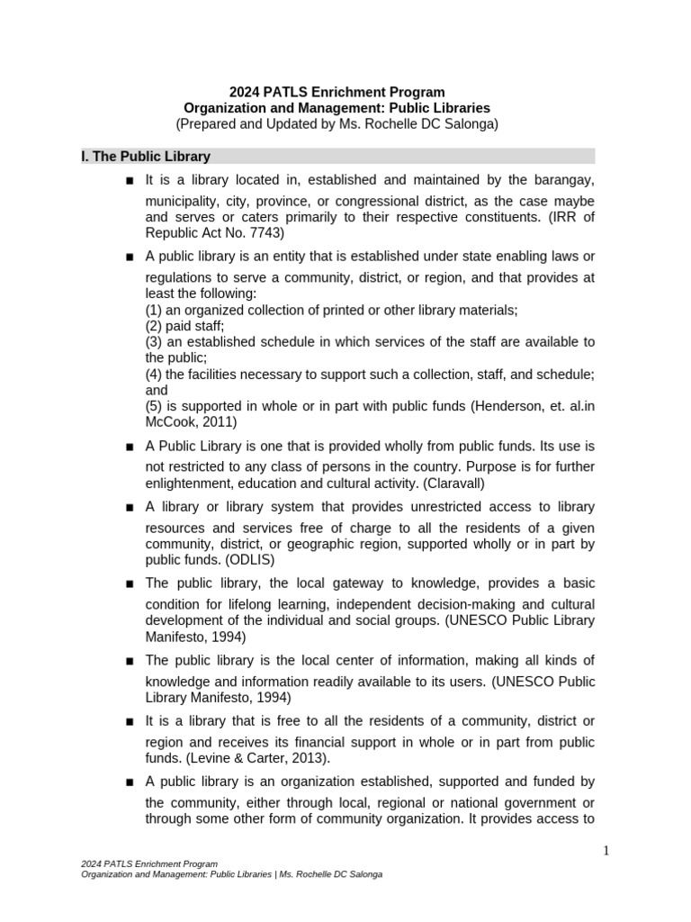 2024 Public Libraries Handout RDSalonga | PDF | Libraries | Librarian