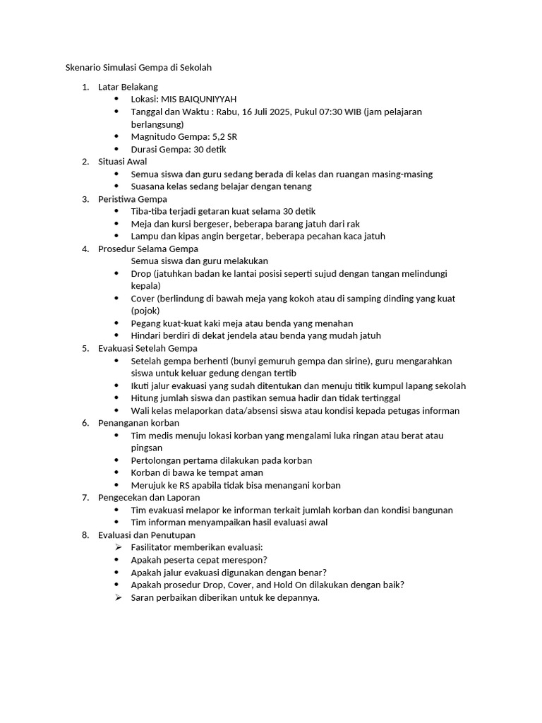 Skenario Simulasi Gempa Di Sekolah | PDF