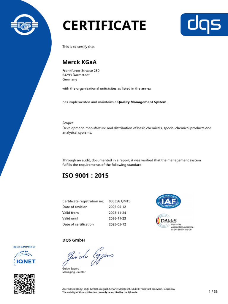 Merck KGaA ISO 9001 Certification Details | PDF | Sigma Aldrich
