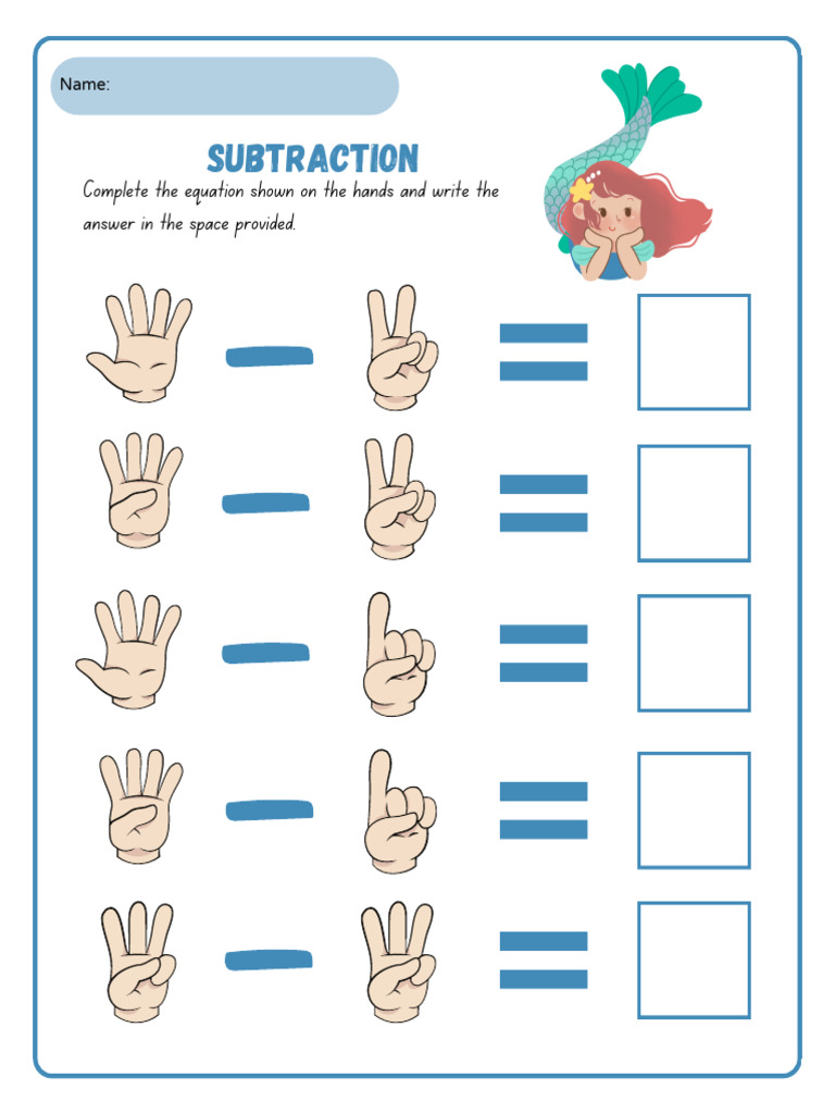 Mermaid Subtraction Blue Illustrated Worksheet | PDF