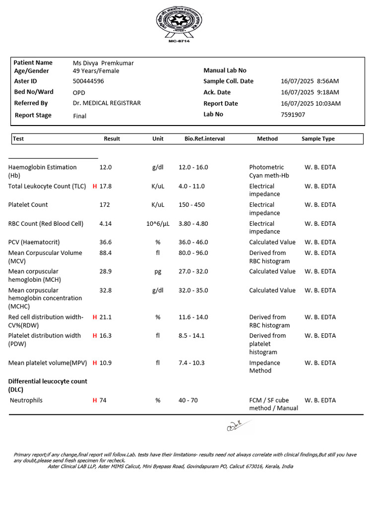 Ms. Divya's Hematology Report | PDF | Medical Specialties | Body Fluids