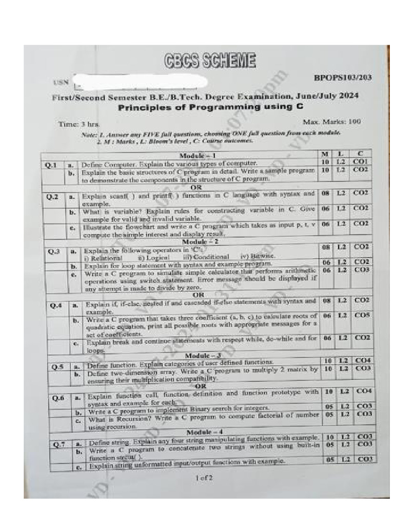 BPOPS203 Question Paper Solution 2023-24 | PDF