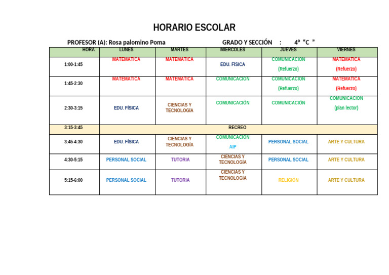 Horario Escolar 4° C - Rosa Palomino | PDF