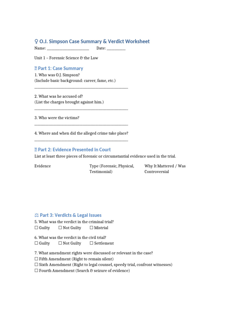 O.J. Simpson Case Summary Worksheet | PDF