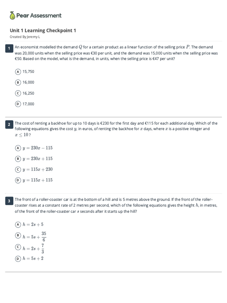 Linear Functions and Linear Equations: Sample Quiz 1 | PDF | Function (Mathematics) | Equations