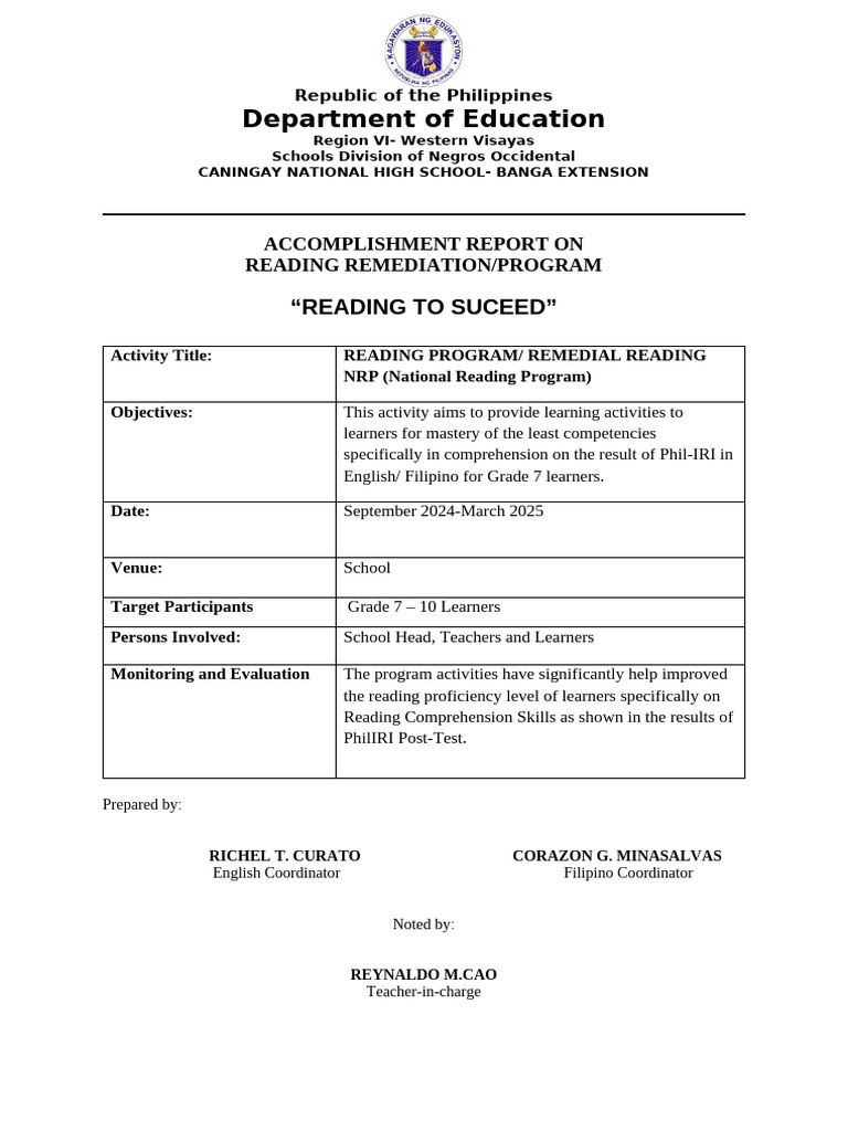 Accomplishment and Narrative Report Reading Program | PDF | Reading Comprehension | Learning