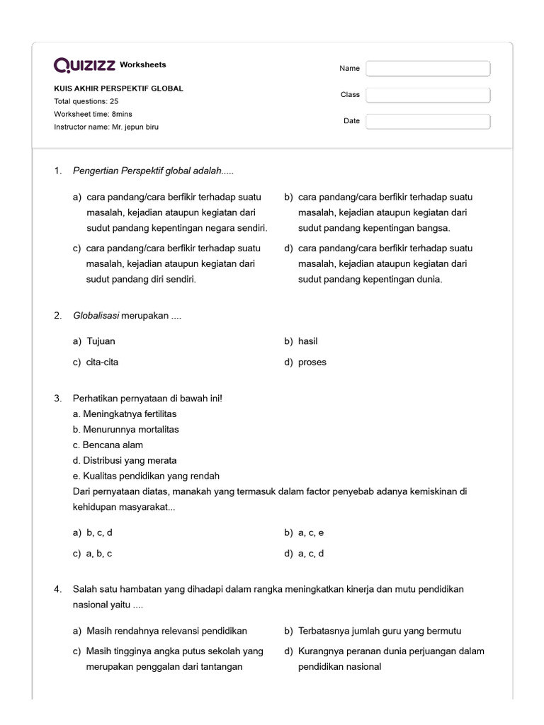 Kuis Akhir Perspektif Global - Quizizz | PDF