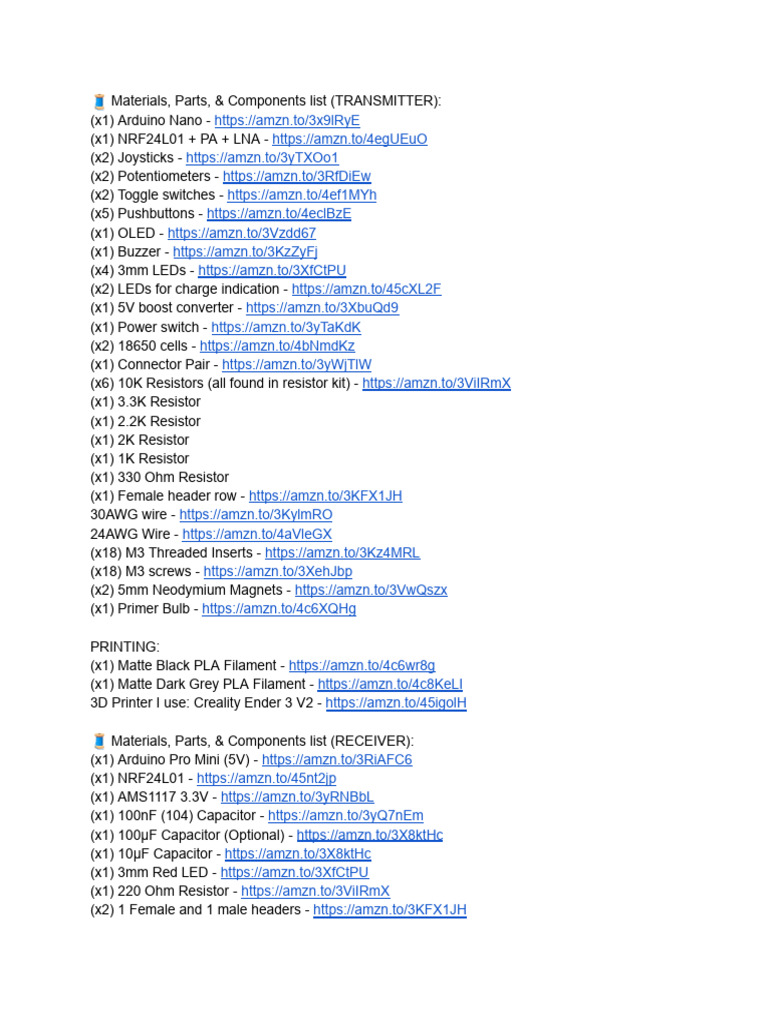 Materials & Parts List - Transmitter and Receiver | PDF