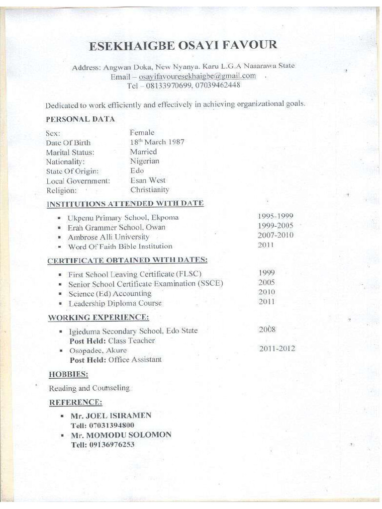 Esekhaigbe Osayi Favour CV | PDF