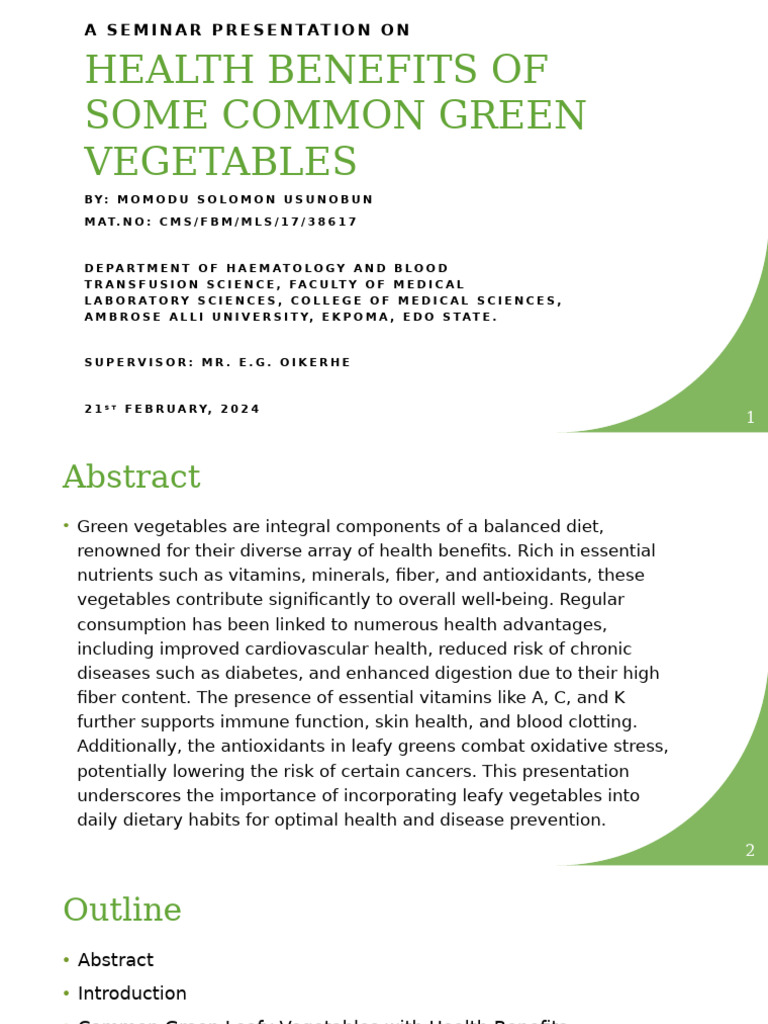 Health Benefits of Green Vegetables | PDF | Nutrients | Vegetables