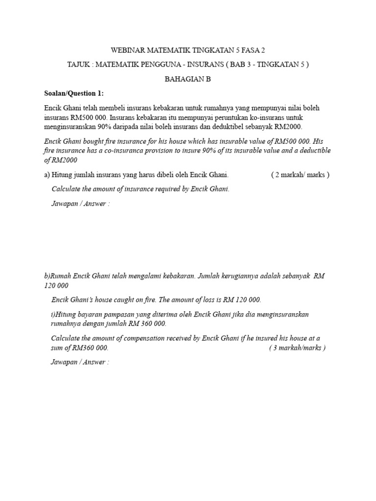 Soalan Matematik Pengguna - Insurans t5 BHGN B | PDF