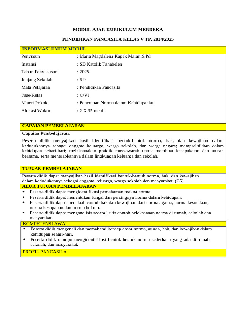 Kelas V Modul Ajar Pend Pancasila Macam Macam Norma 3 | PDF