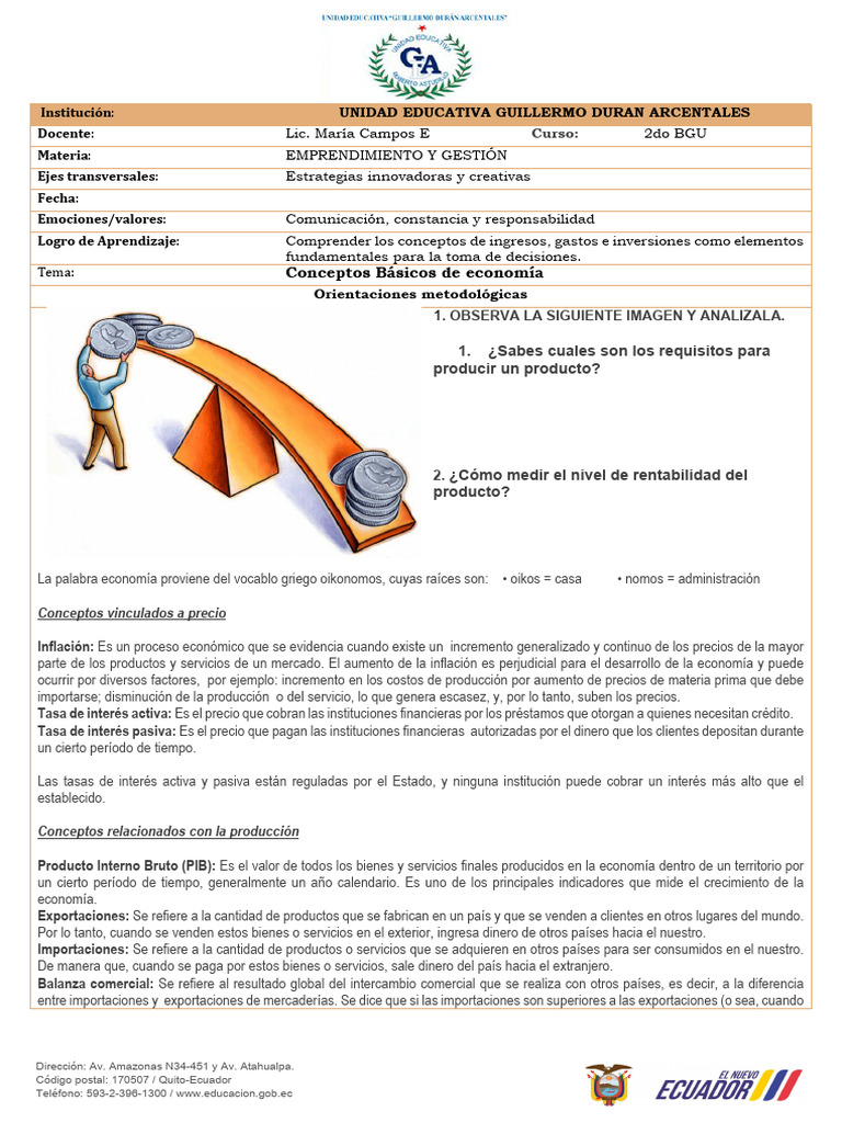 Ficha Emprendimiento 2do BGU Contiene 3 Semanas | PDF | Inflación | Oferta (economía)