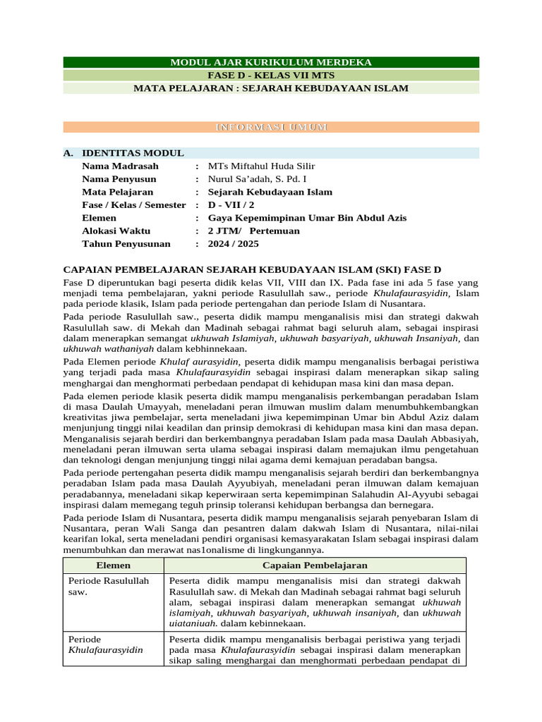 Modul SKI 7 Bab 5 - Kepemimpinan Umar Bin Abdul Azis | PDF