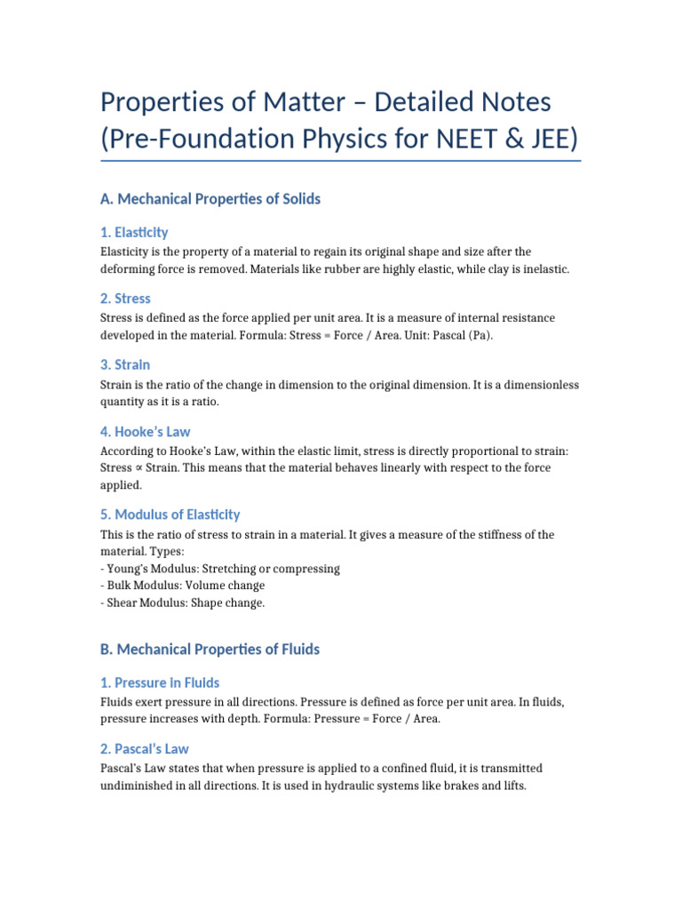 Properties of Matter PreFoundation Notes | PDF