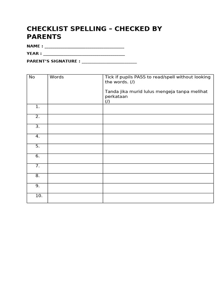 Parent Signature Spelling Checklist | PDF