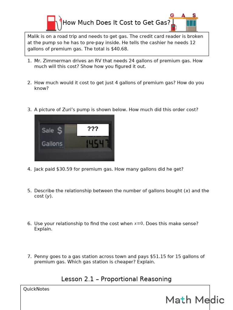 Cost of Gas and Proportional Reasoning | PDF