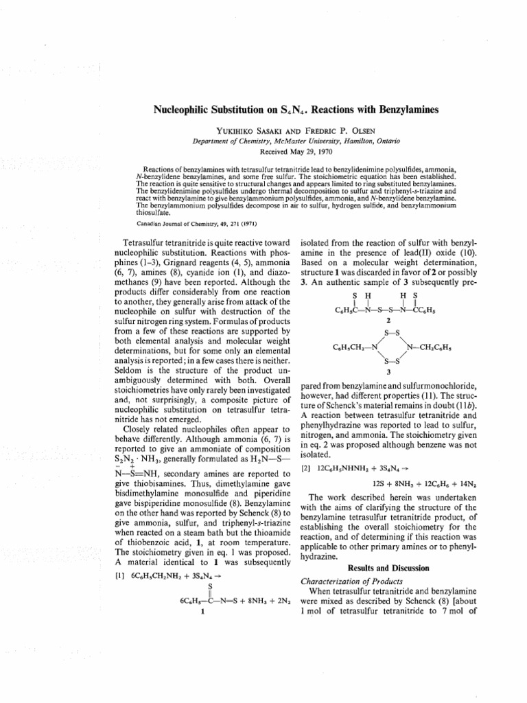 Nucleophilic Substitution On S4N4. Reactions With Benzylamines | PDF ...