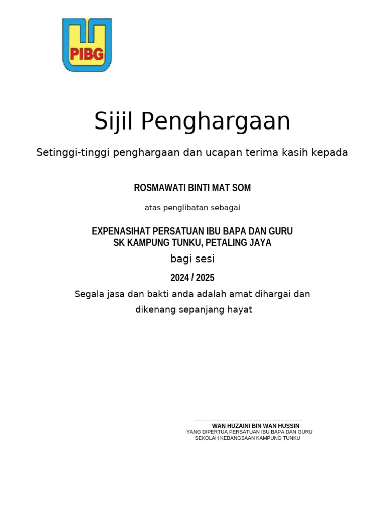Sijil Penghargaan Ajk PIBG REV | PDF