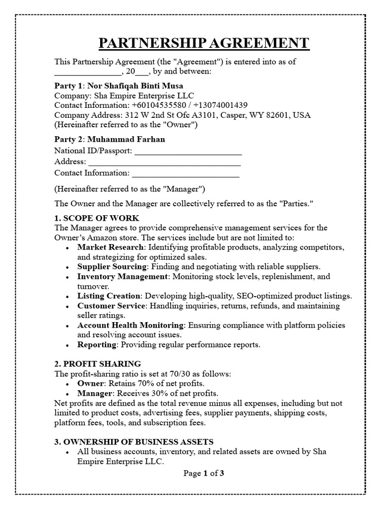 70/30 Partnership Agreement Template | PDF | Mediation | Non Disclosure ...