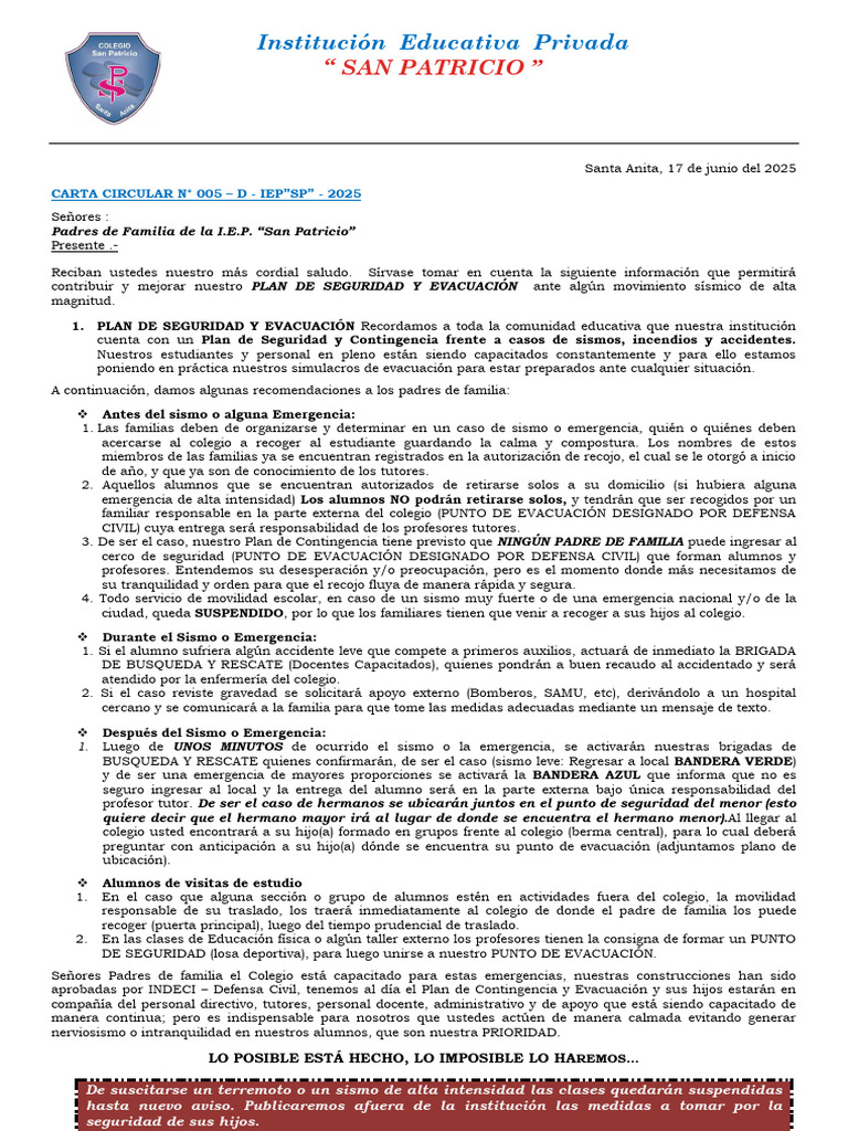 Circular N°005 - Evacuacion de Sismo | PDF | Defensa Civil