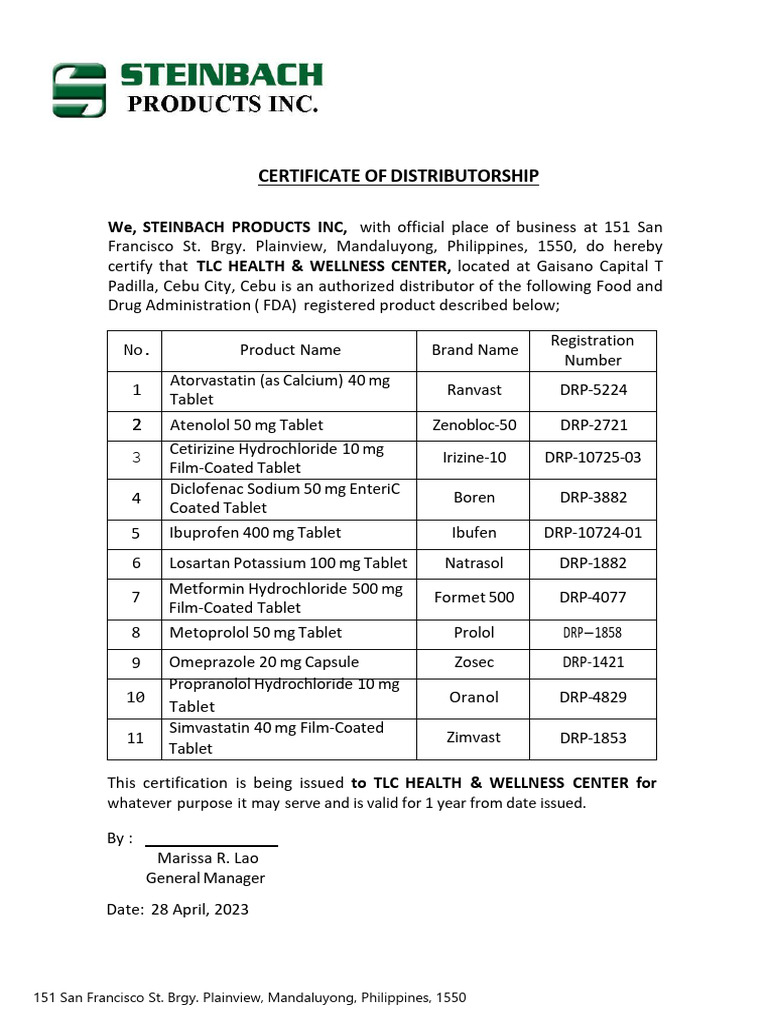 Certificate of Distributorship - Steinbach | PDF | Drugs | Pharmacology