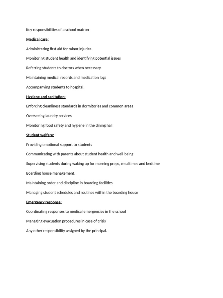 Responsibilities of a School Matron | PDF