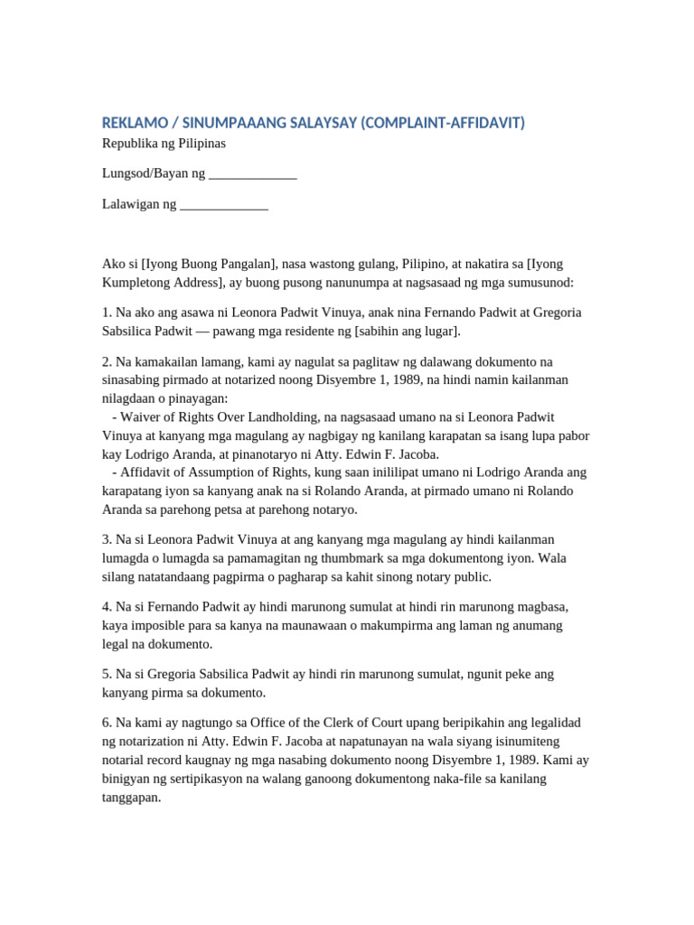 Complaint Affidavit Tagalog | PDF