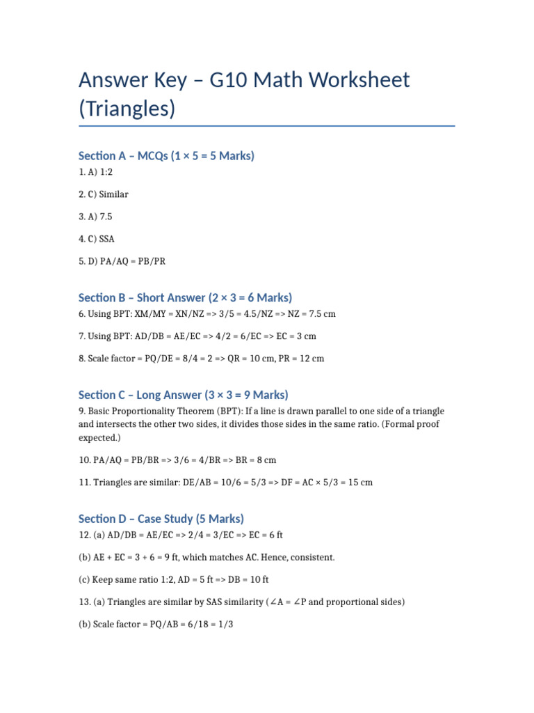 Grade 10 Similar Triangles Answer Key | PDF