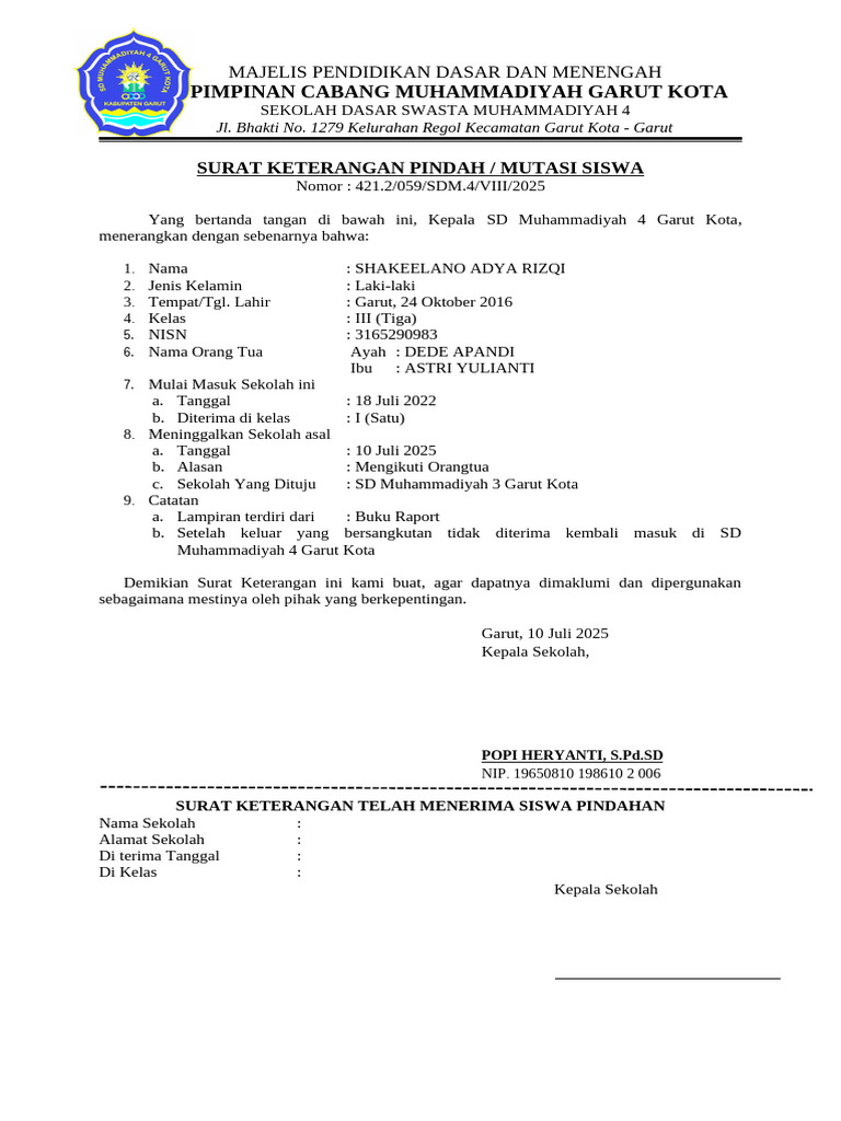 Surat Keterangan Pindah | PDF