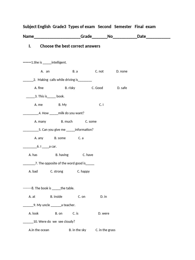 Grade 3 English Exam: Types & Questions | PDF