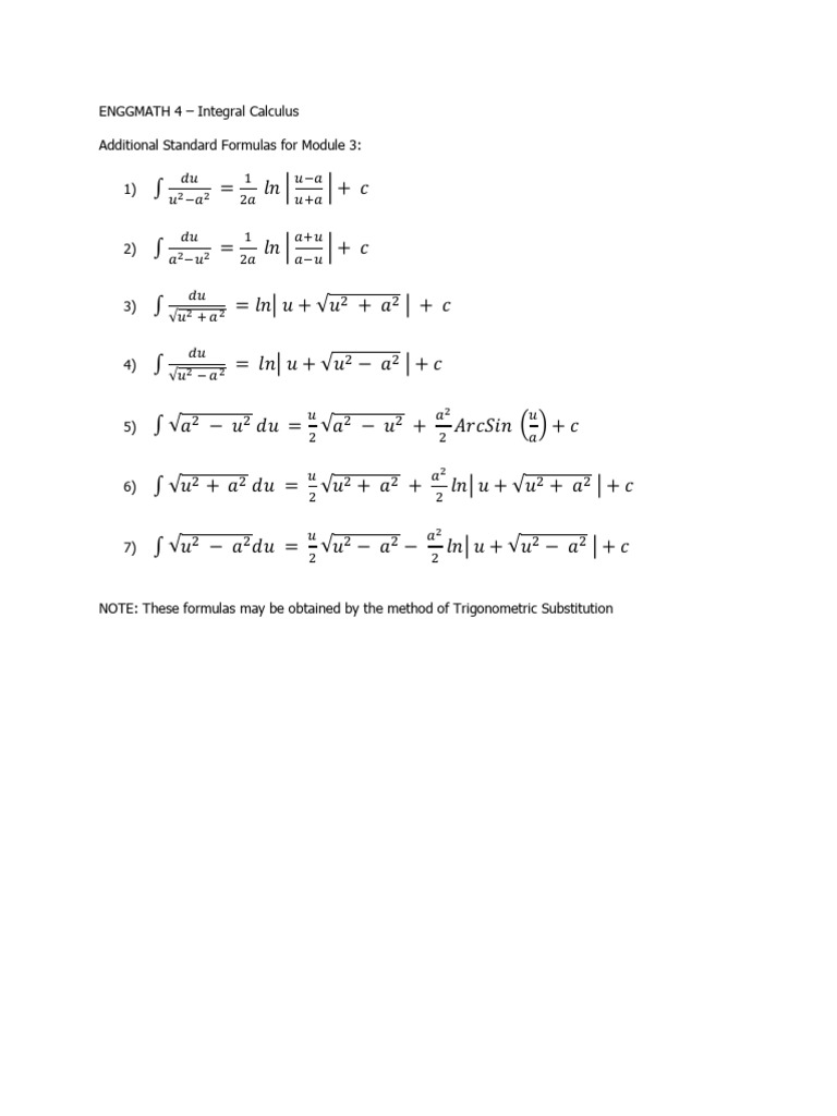 Integral Calculus Module 3 Additional Formulas | PDF