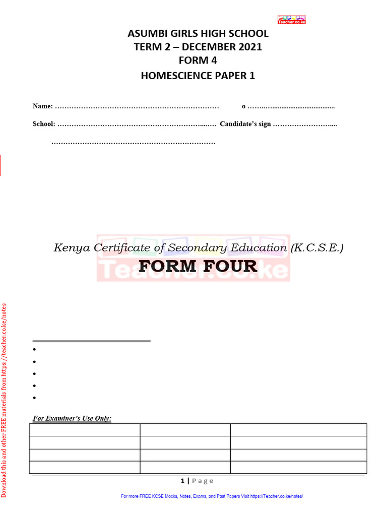 KCSE Home Science Paper 1 2021 | PDF