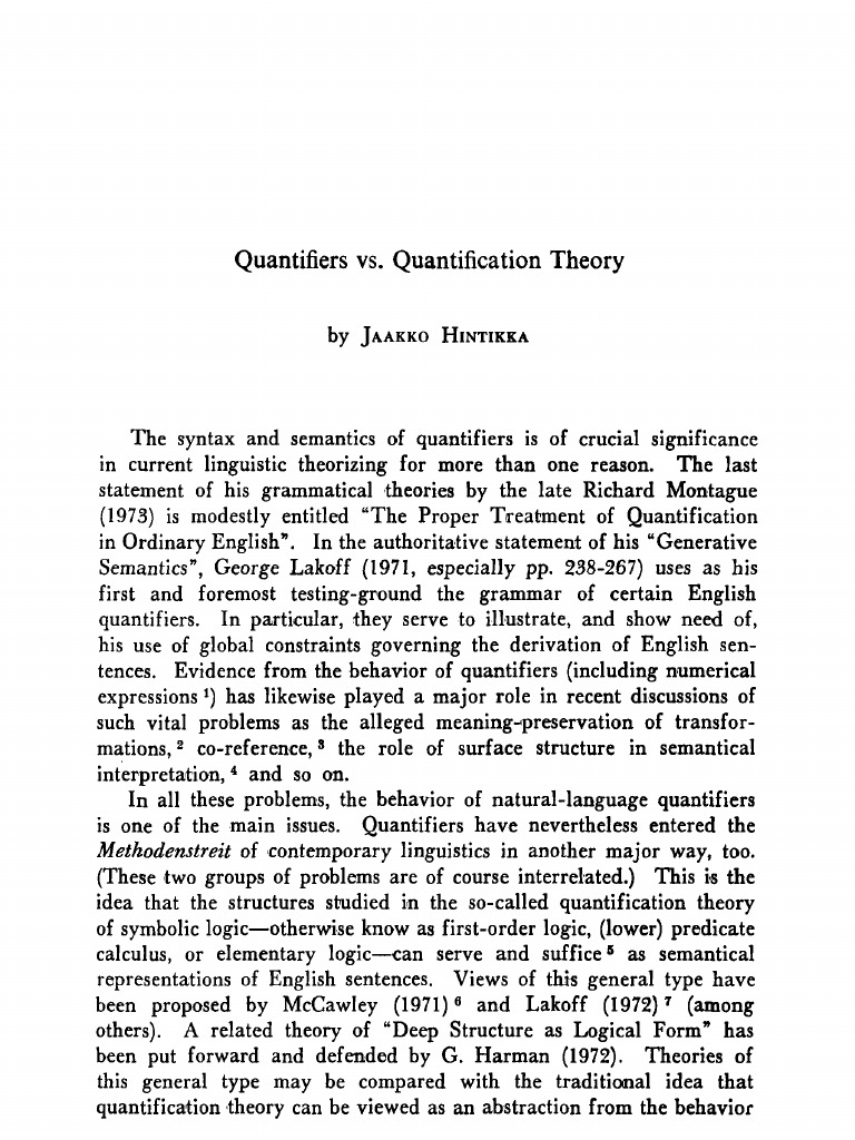 Hintikka Jaakko 1973 Quantifiers Vs Quantification Theory Dialectica | PDF | First Order Logic ...