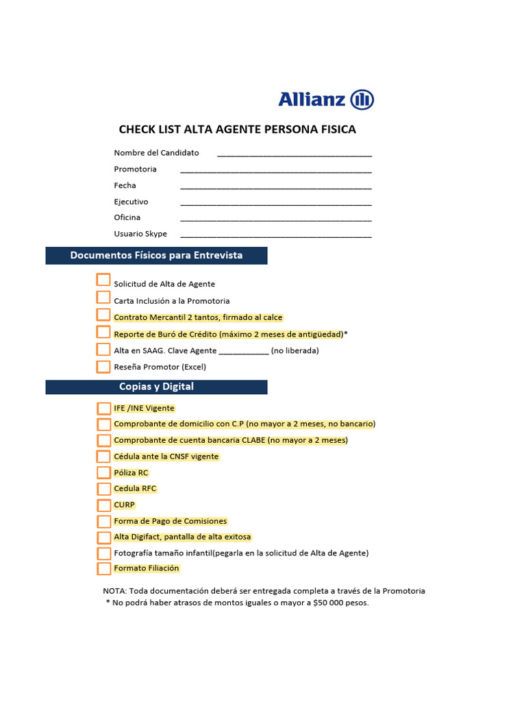 Check List Alta Agente Persona Fisica 2017 Mzo | PDF