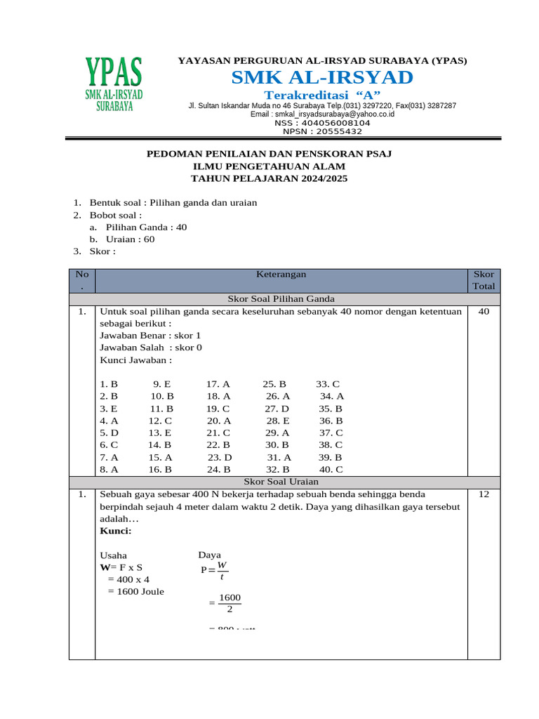 Instrumen Penilaian PSAJ IPA 2025 | PDF