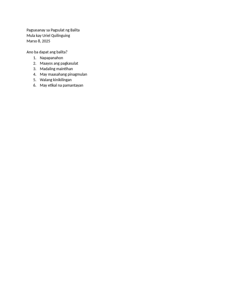 Pagsasanay Sa Pagsulat NG Balita | PDF