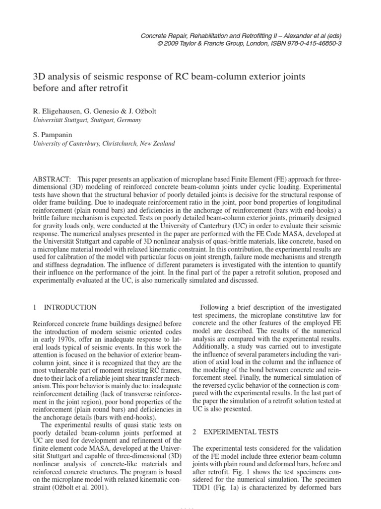 3D Analysis of Seismic Response of RC Beam-Column Exterior Joints ...