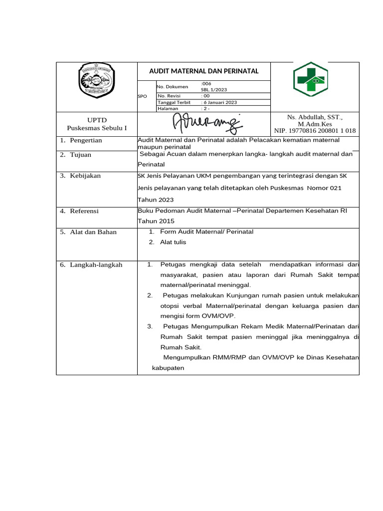FORMAT SPO Audit Maternal | PDF