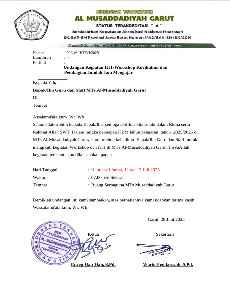 Surat Undangan IHT Untuk Guru Dan Staff 2025 | PDF